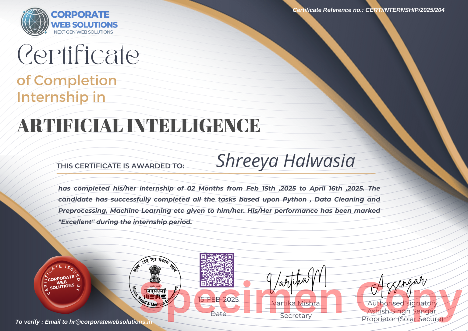 Artificial Intelligence Internship with Machine Learning