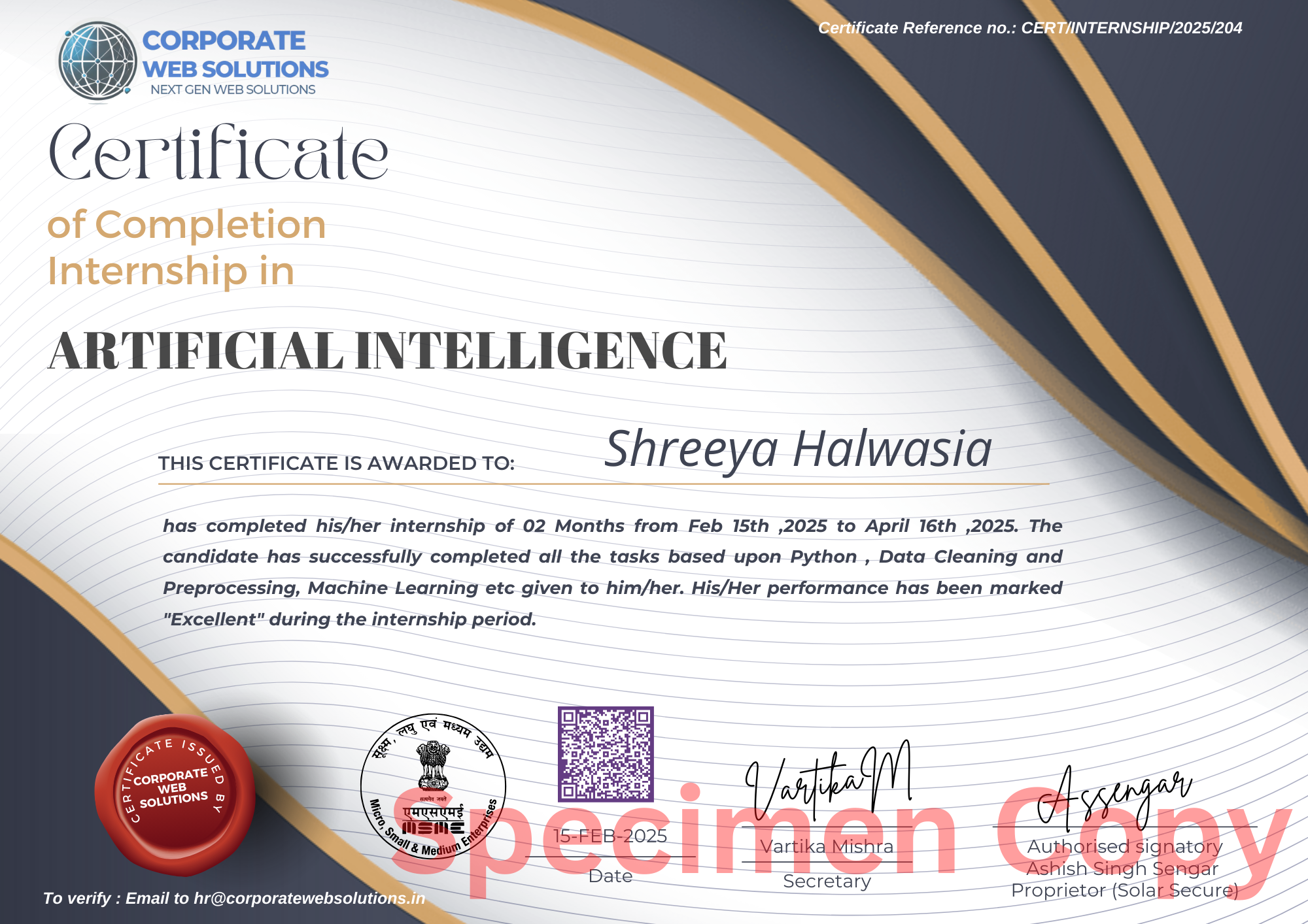 Artificial Intelligence Internship with Machine Learning